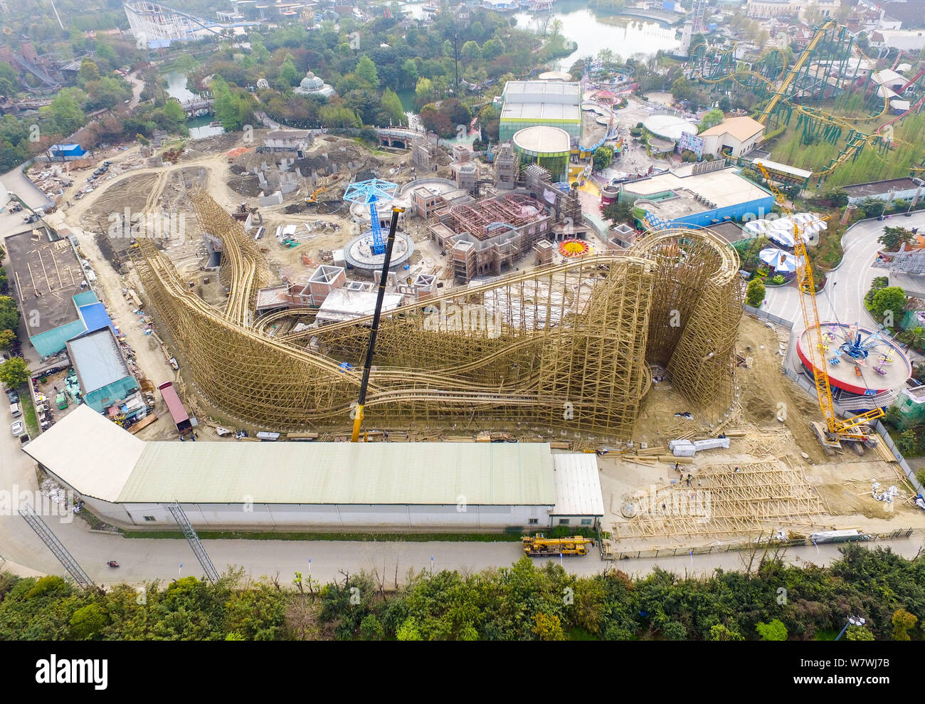 Aerial view of the construction site of a wooden roller coaster at ...