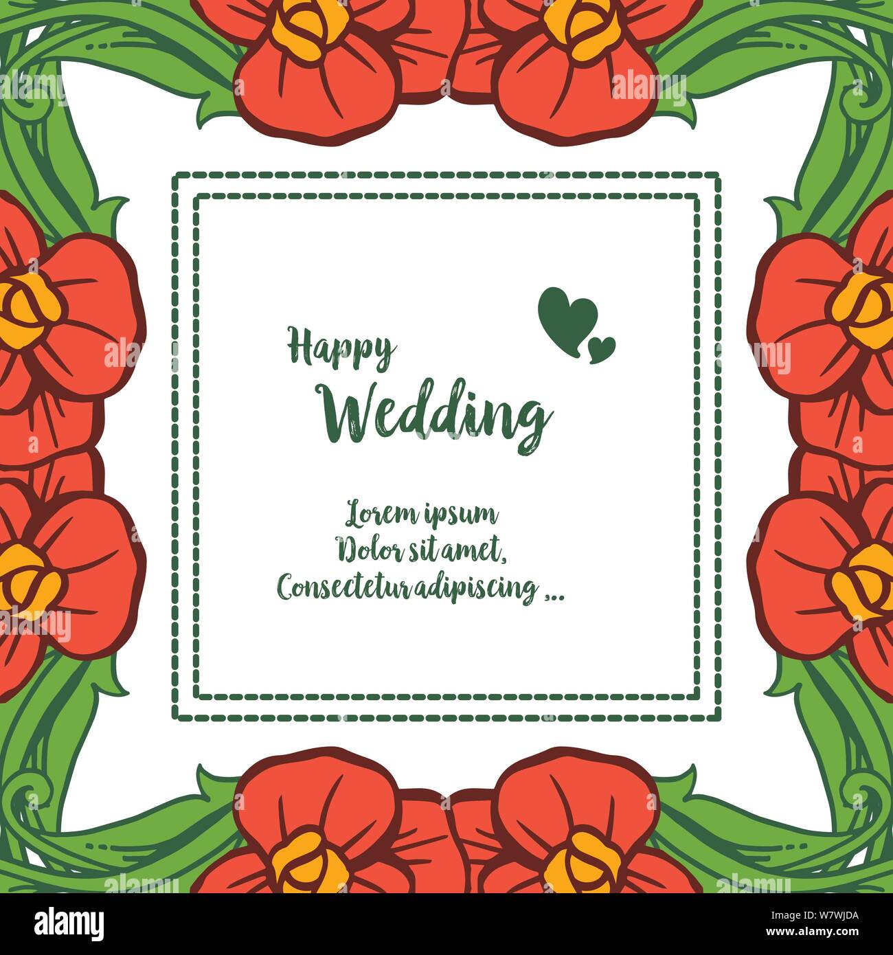 Elegant floral frame, lettering of happy wedding, design template of ...