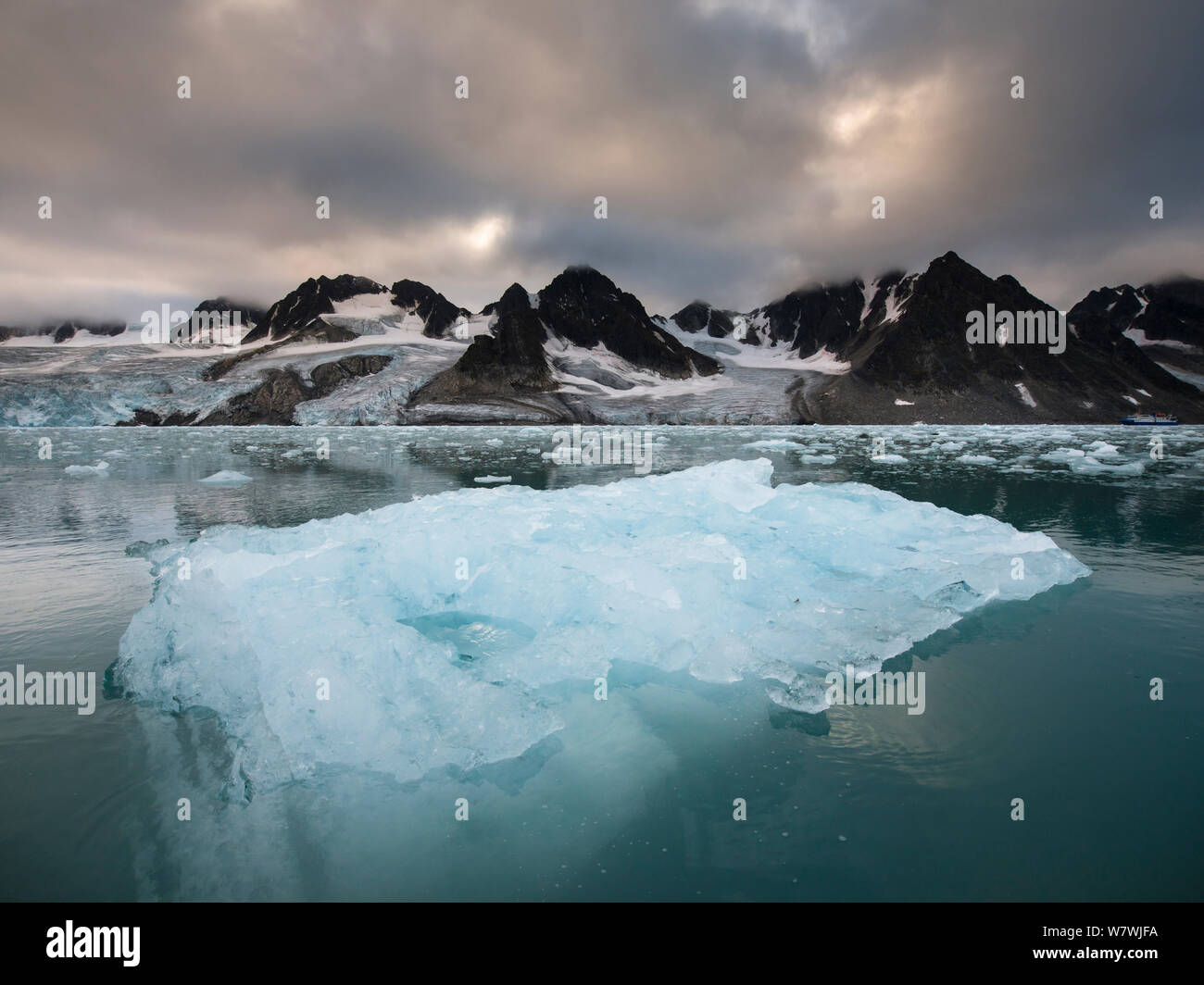 Blue iceberg in Fuglefjorden, Spitsbergen, Svalbard, Norway, September ...