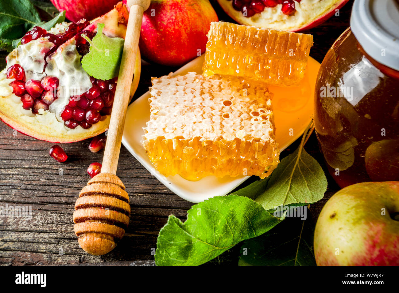 Jewish Autumn Rosh Hashana celebration. Traditional products for the ...