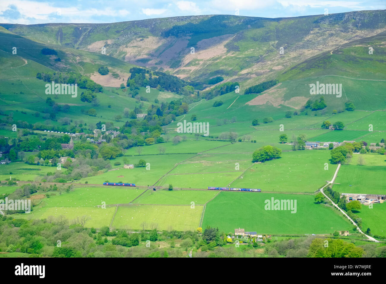 Trains on the Edale valley mainline track, Peak District National Park ...