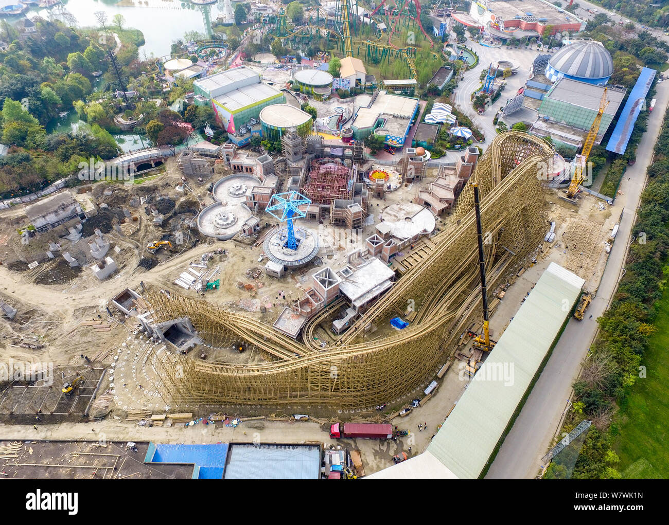 Aerial view of the construction site of a wooden roller coaster at ...