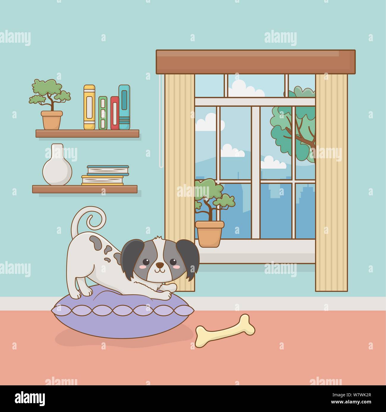 little dog mascot in the house room vector illustration design Stock ...