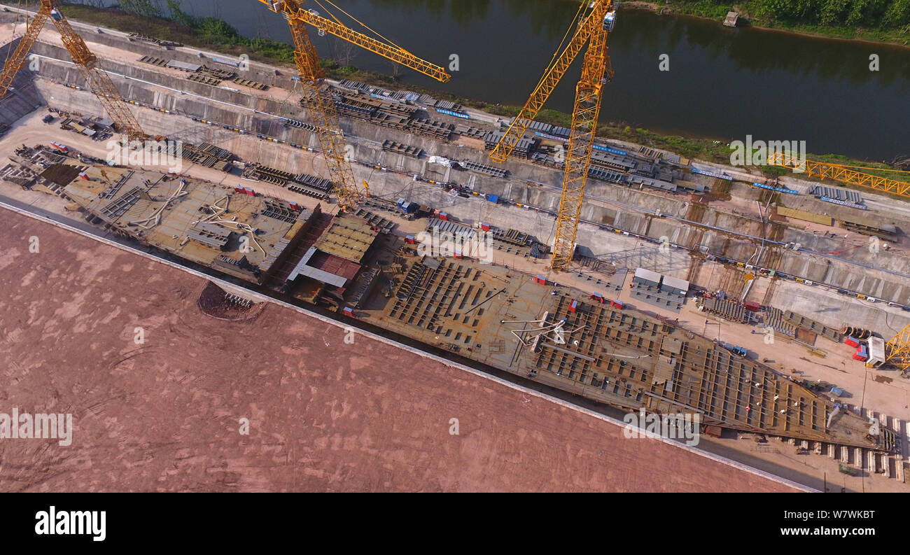 Aerial view of the construction site of a full-scale replica of the ...