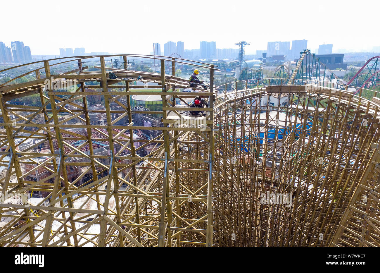 Aerial view of the construction site of a wooden roller coaster at ...