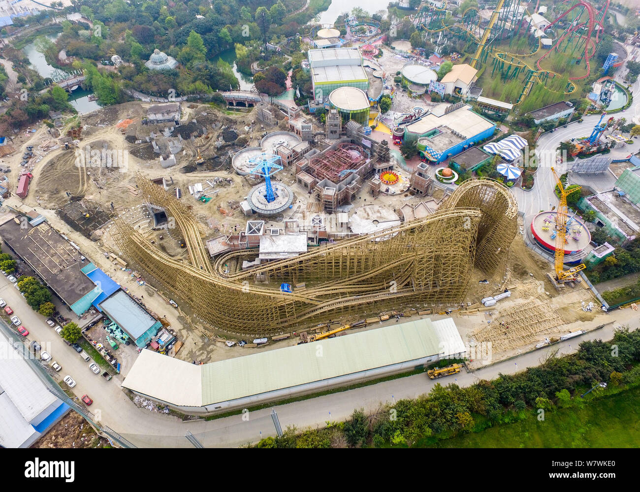 Aerial view of the construction site of a wooden roller coaster at ...