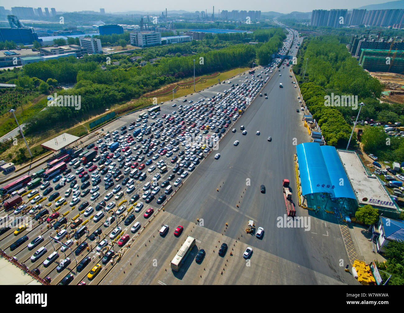 Aerial view of masses of vehicles during a traffic jam on an expressway ...