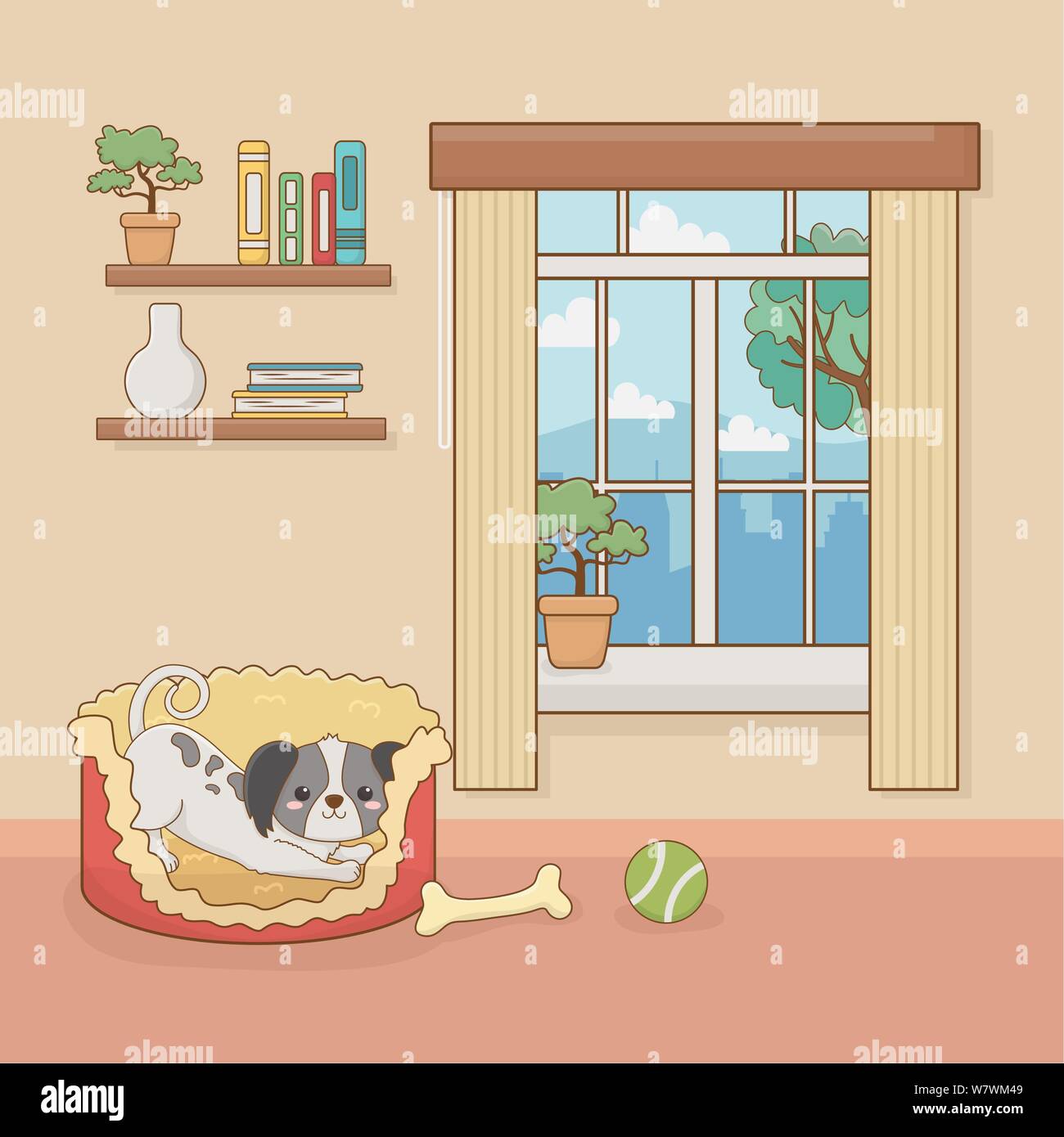 little dog mascot in the house room vector illustration design Stock ...