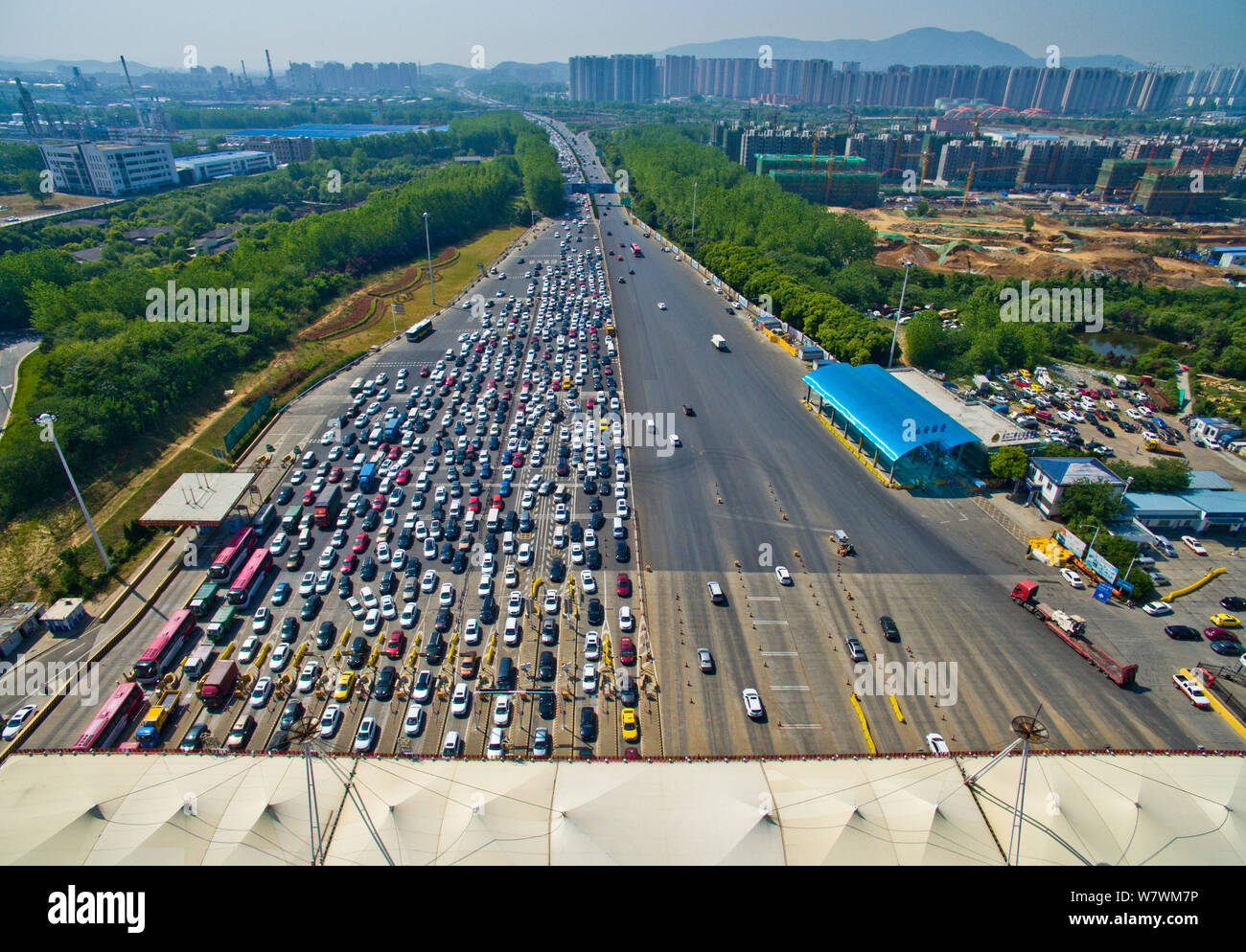 Aerial view of masses of vehicles during a traffic jam on an expressway ...
