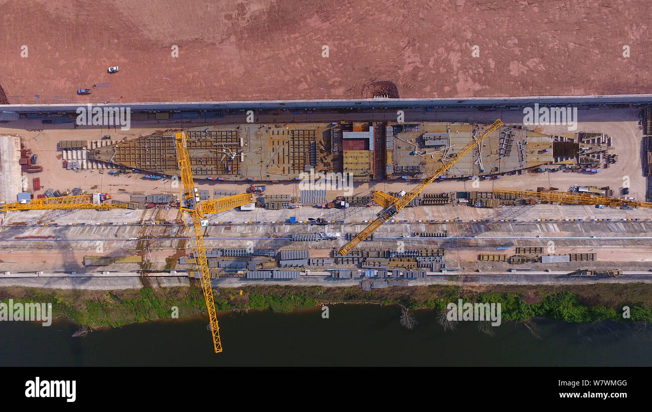 Aerial view of the construction site of a full-scale replica of the ...