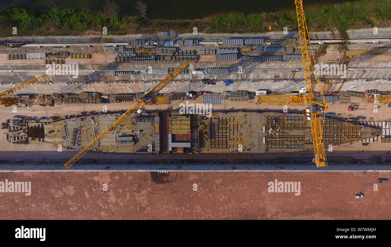 Aerial view of the construction site of a full-scale replica of the ...