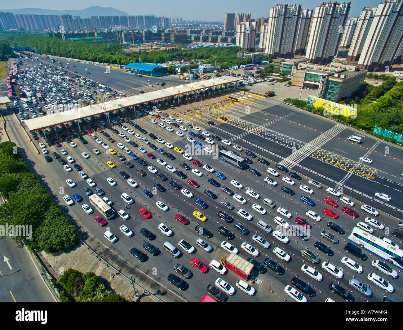 Aerial view of masses of vehicles during a traffic jam on an expressway ...