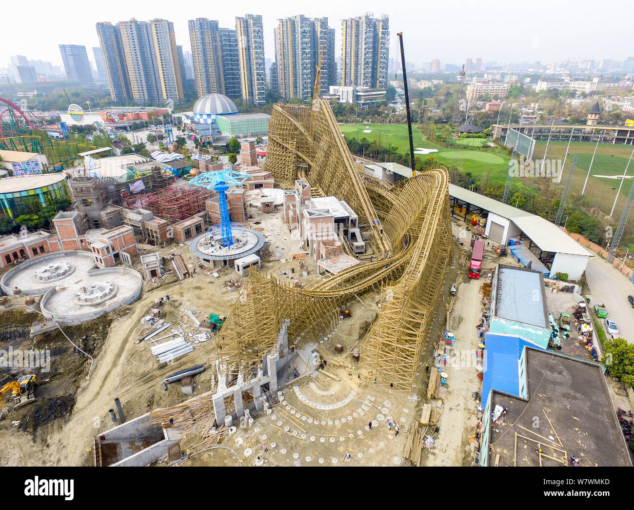 Aerial view of the construction site of a wooden roller coaster at ...