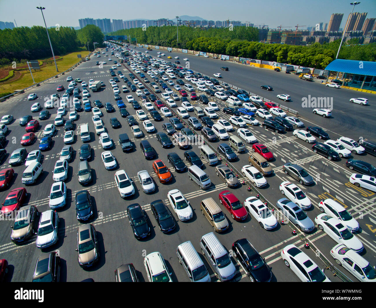 Aerial view of masses of vehicles during a traffic jam on an expressway ...