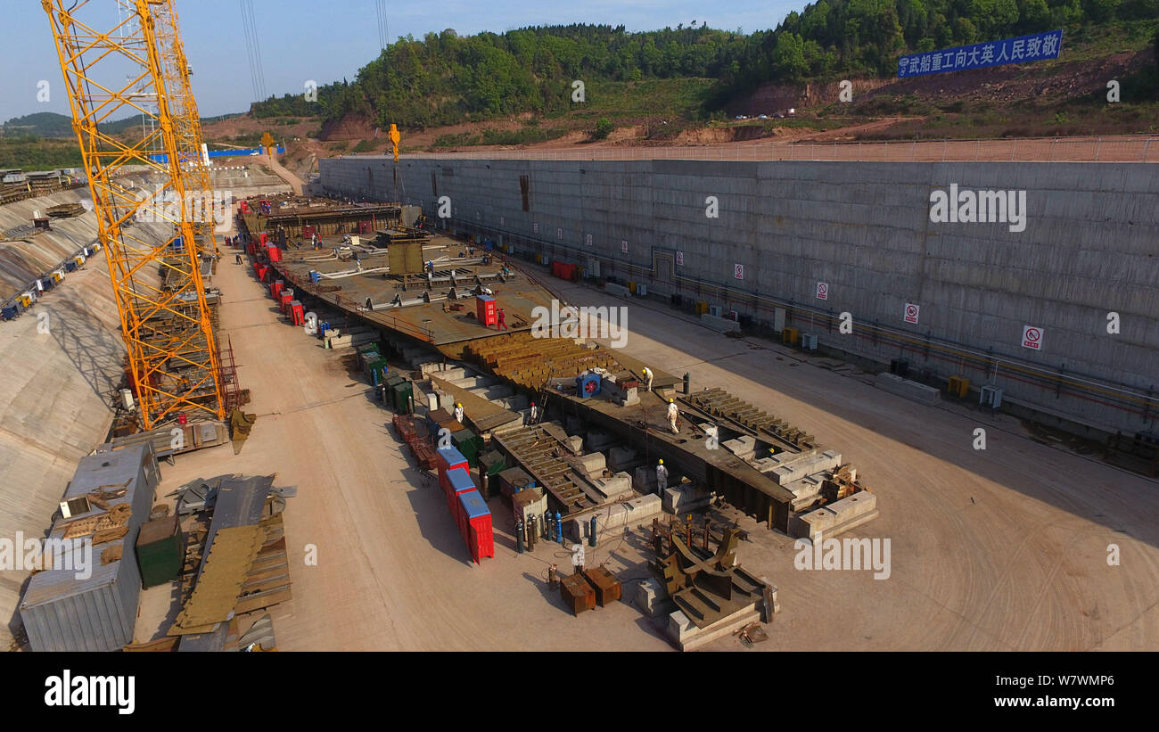 Aerial view of the construction site of a full-scale replica of the ...
