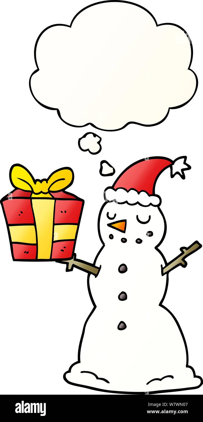 cartoon snowman with present with thought bubble in smooth gradient ...