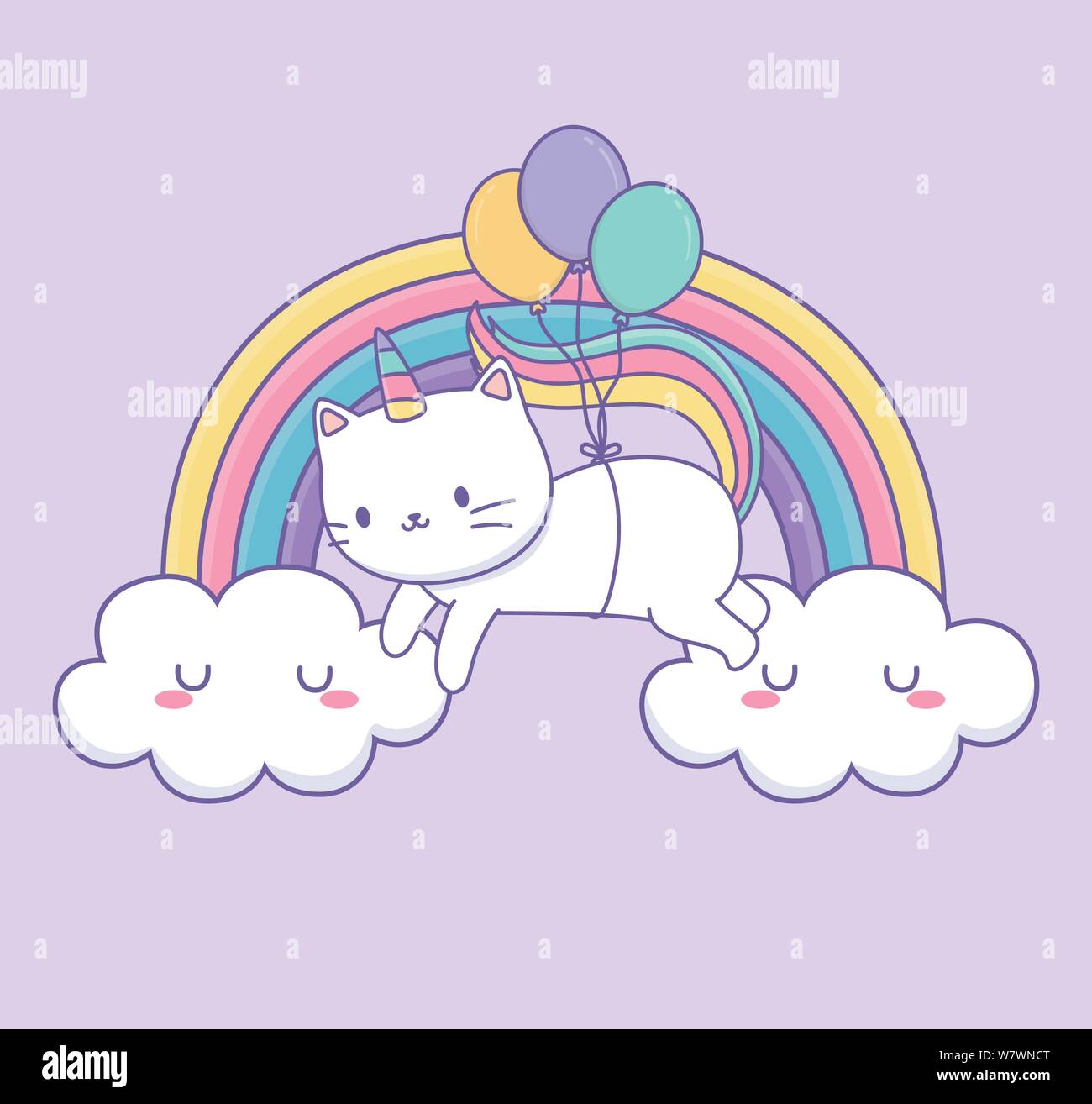 cute cat with rainbow tail and balloons helium kawaii character vector ...
