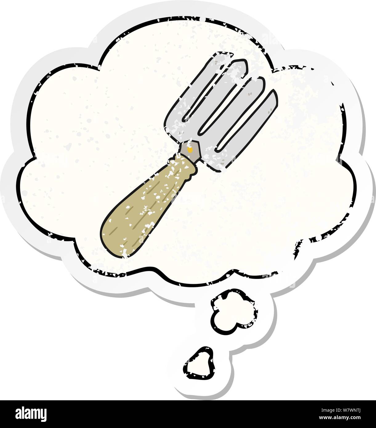 cartoon fork with thought bubble as a distressed worn sticker Stock ...