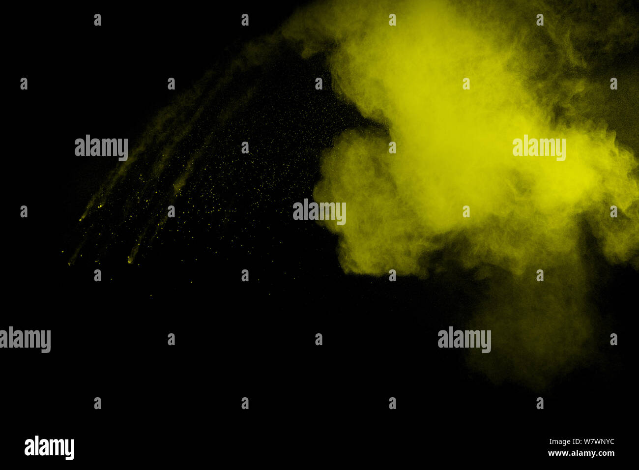 Yellow color powder explosion on black background.Freeze motion of ...