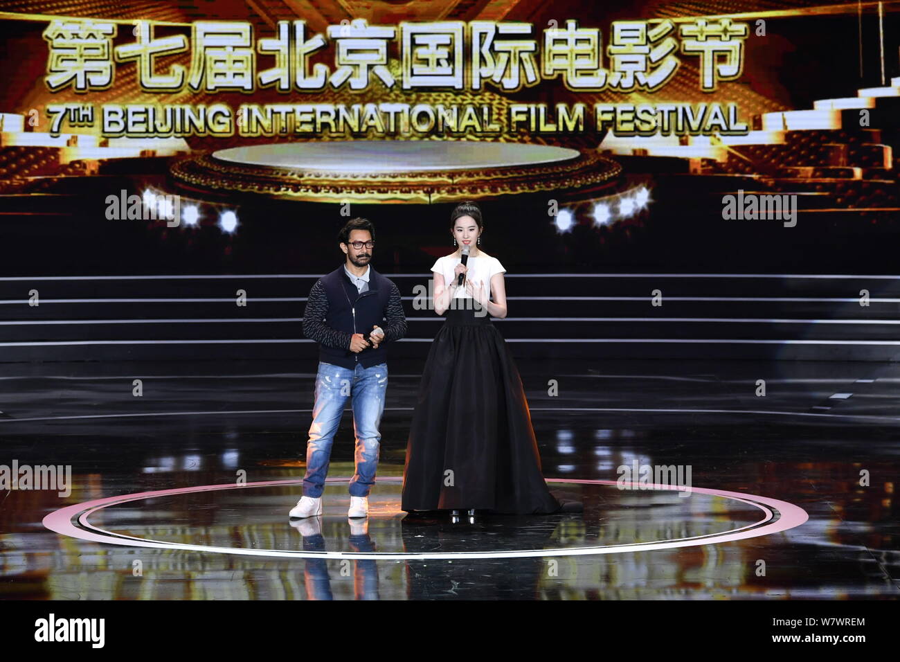 Chinese actress Liu Yifei, right, and Indian actor Aamir Khan attend ...