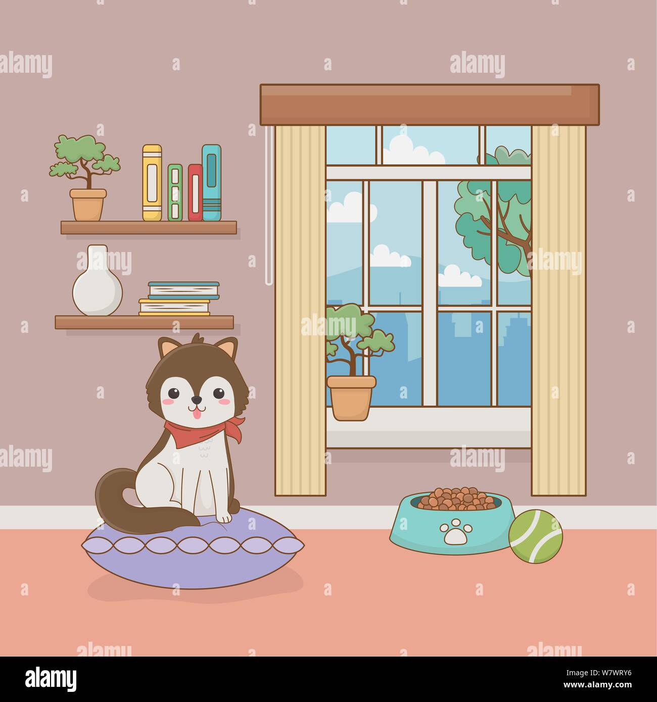 little dog mascot in the house room vector illustration design Stock ...