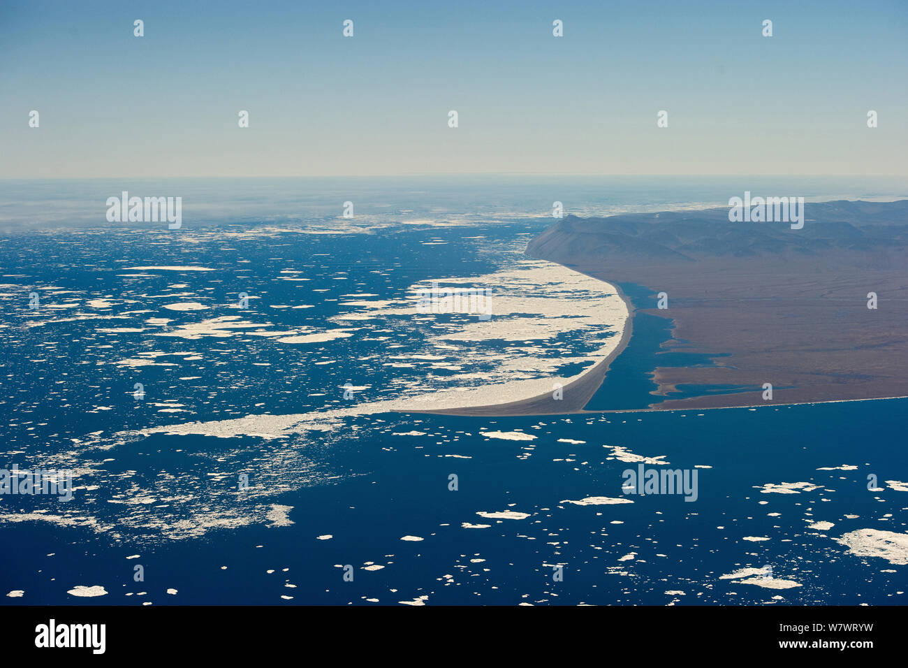 Aerial view of Wrangel Island coastline with pack ice, Far Eastern ...