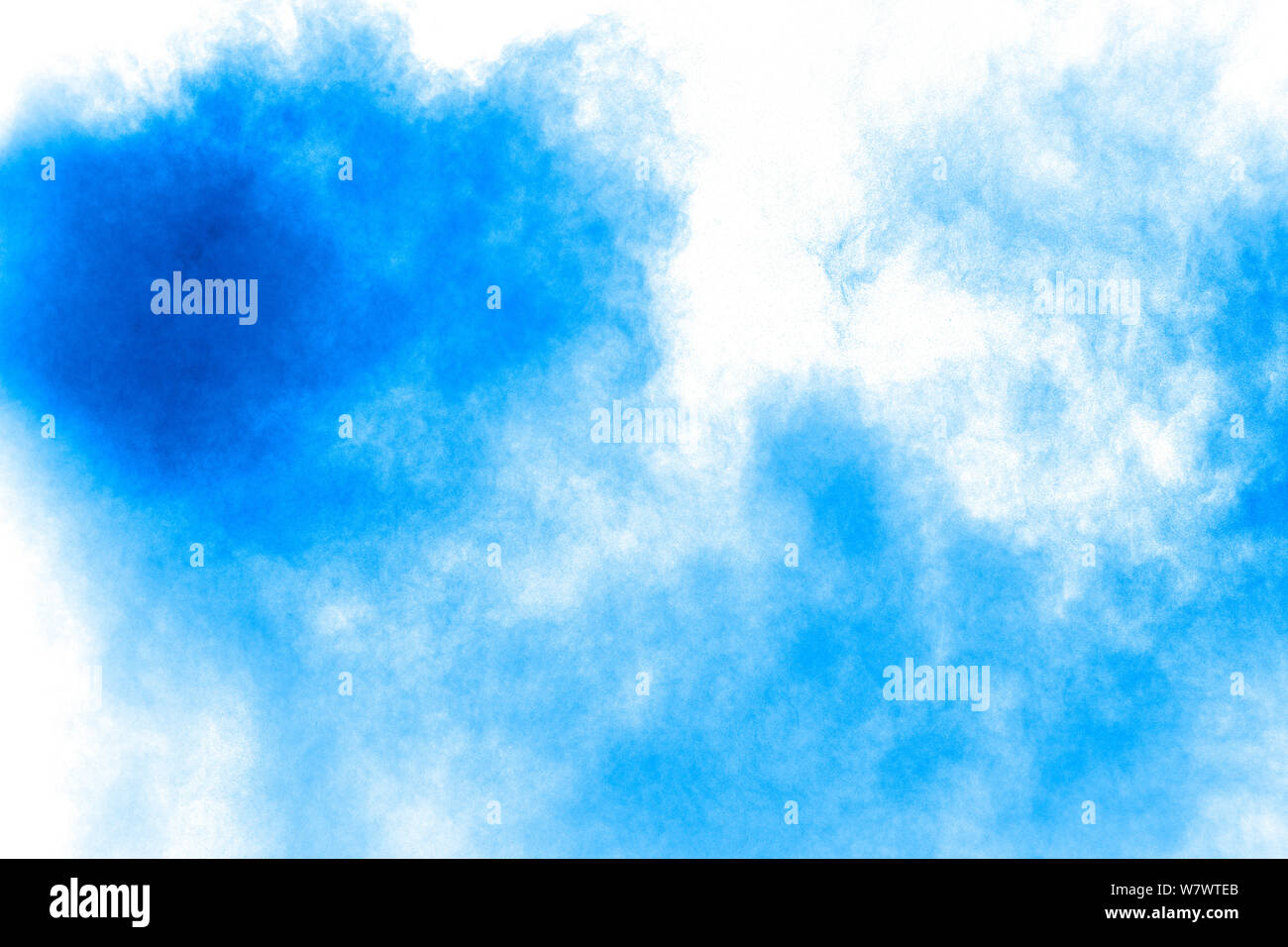 Bizarre forms of blue powder explode cloud on white background ...