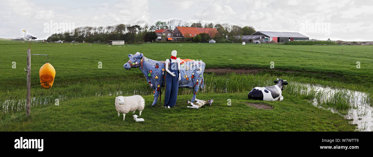 Model of cow, sheep, cow and farmer, Texel, The Netherlands, May 2012 ...