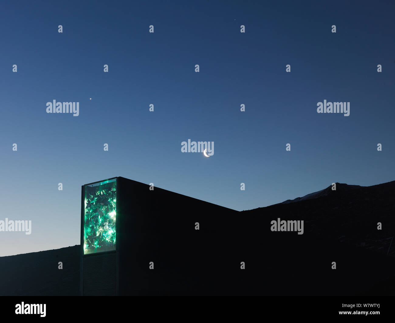 Svalbard Global Seed Vault with crescent moon, Svalbard, Norway ...