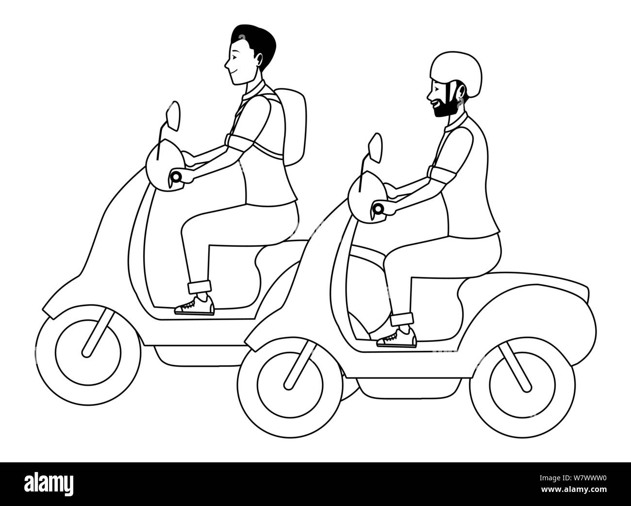 People riding scooters motorcycles cartoon in black and white Stock ...