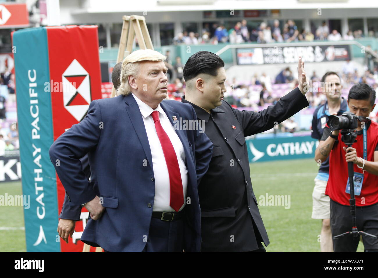 Entertainers resembling U.S. President Donald Trump, left, and Kim Jong ...