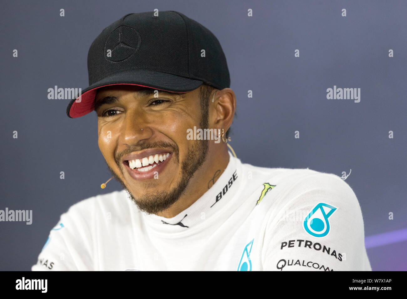 British F1 driver Lewis Hamilton of Mercedes attends a press conference ...