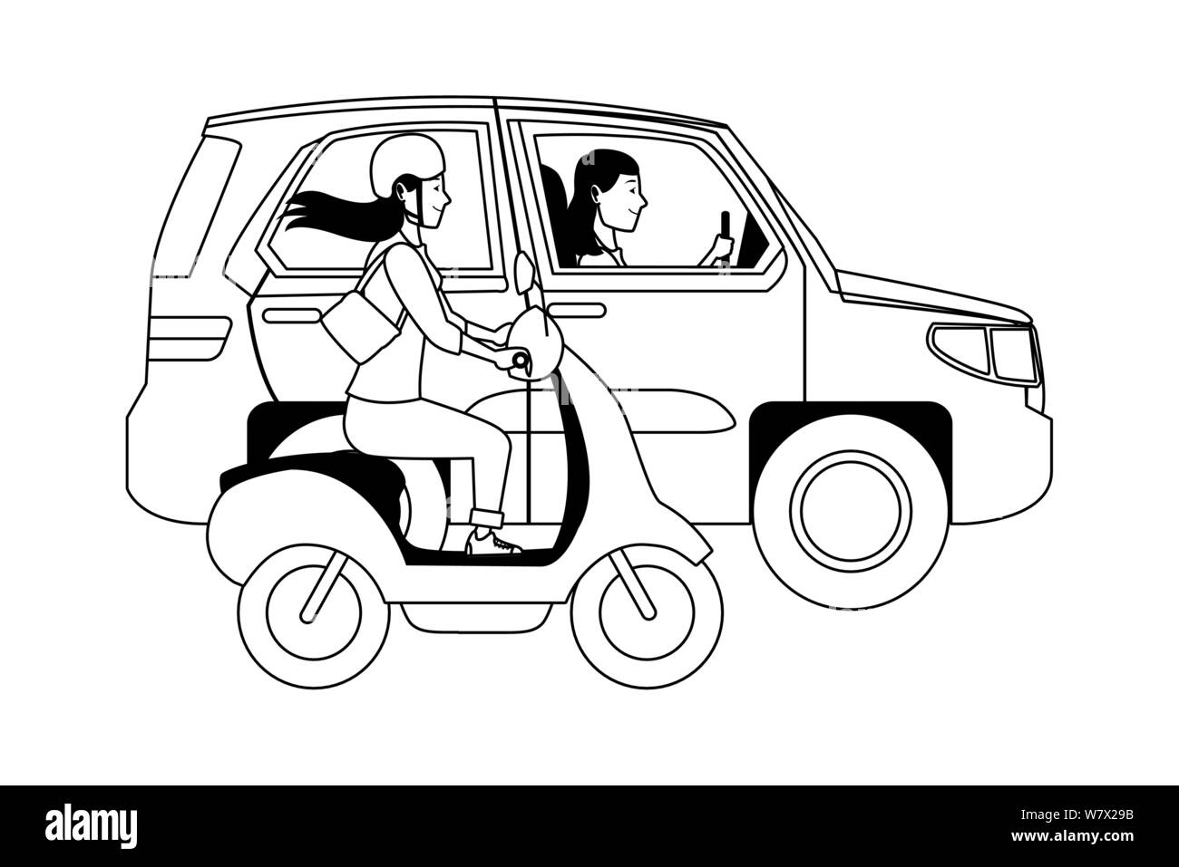 Vehicle and motorcycle with drivers riding in black and white Stock ...