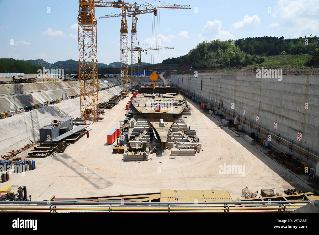 Aerial view of the construction site of a full-scale replica of the ...
