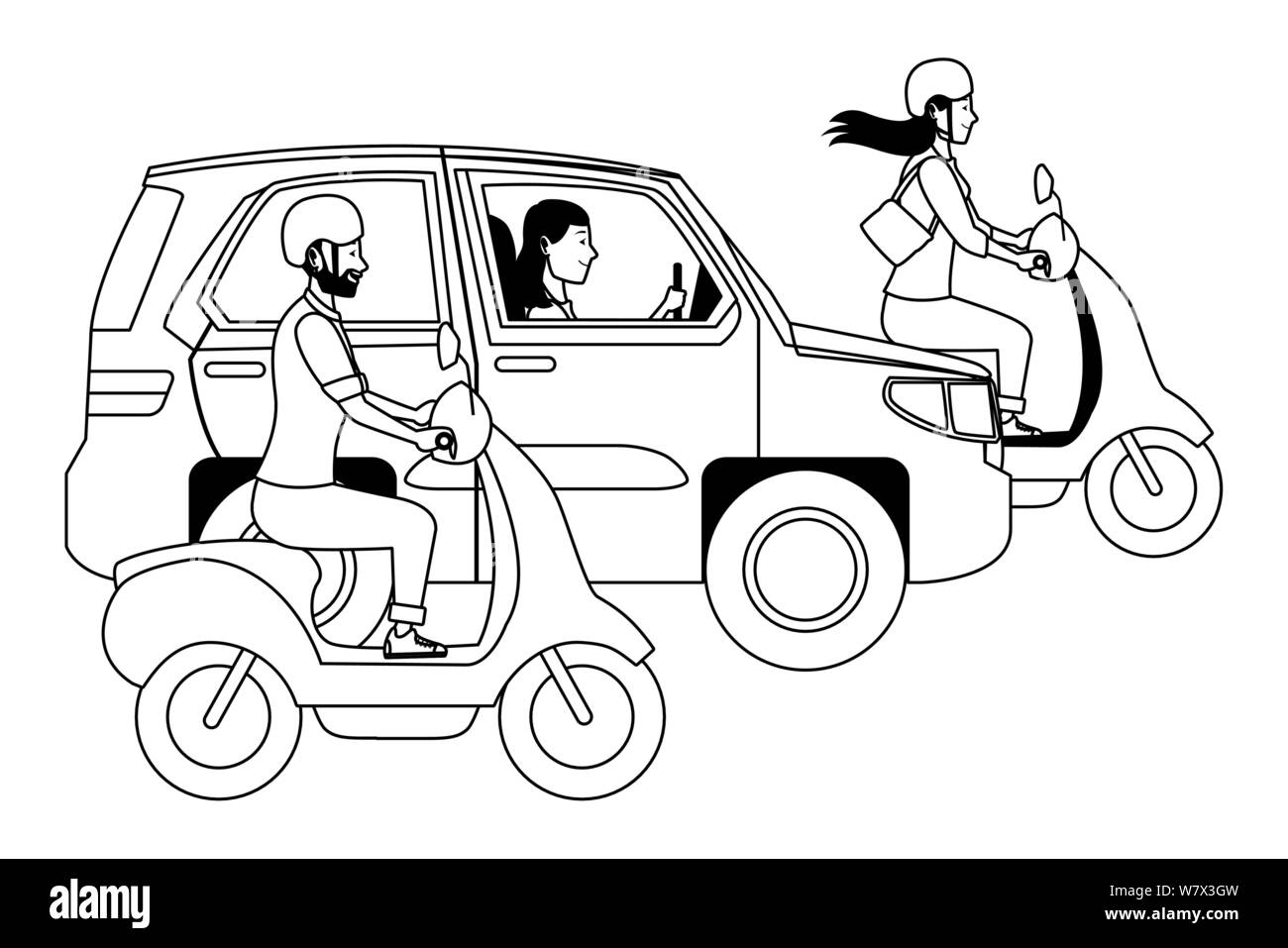 Vehicles and motorcycles with drivers riding in black and white Stock ...