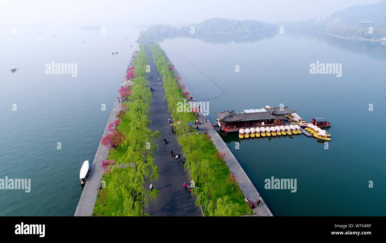 Aerial view of the Bai Causeway on the West Lake in Hangzhou city, east ...