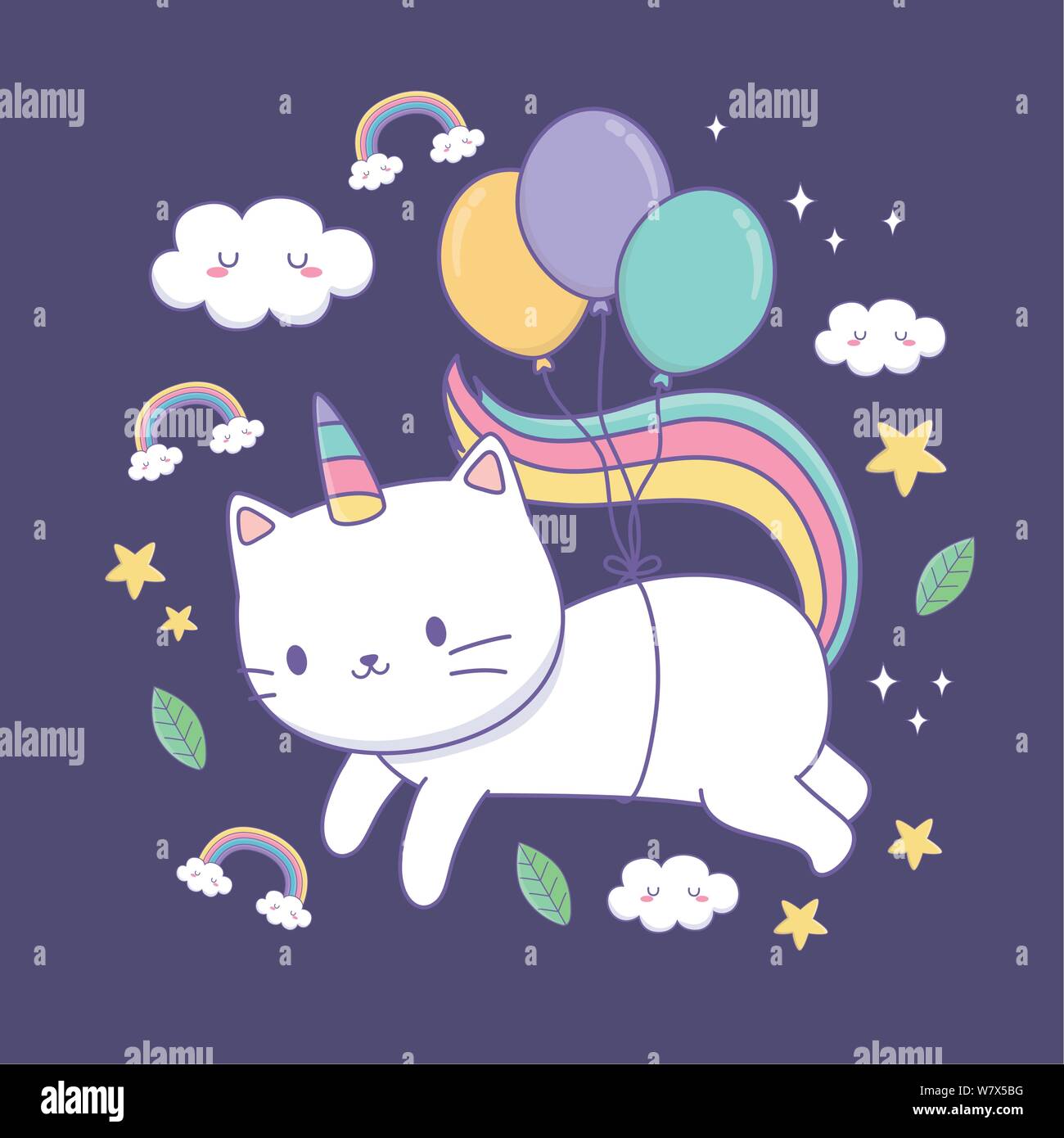cute cat with rainbow tail and balloons helium kawaii character vector ...