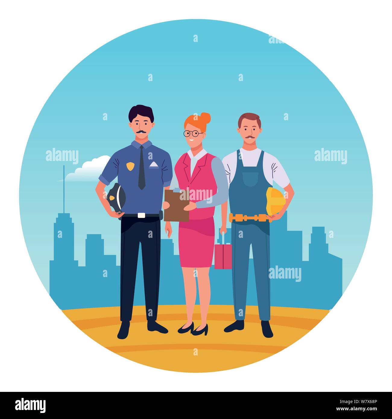 Professionals workers characters smiling cartoons round icon Stock ...