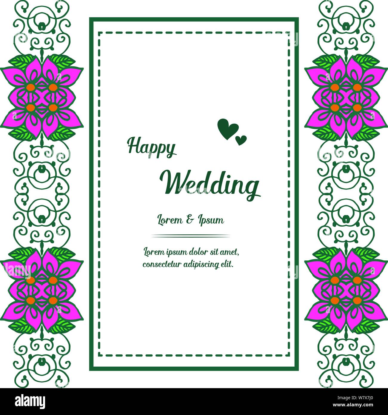 Various style lettering of happy wedding, with elegant wreath frame ...