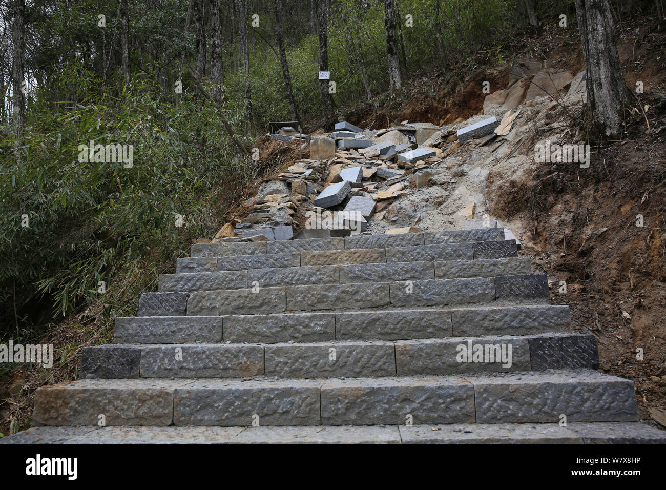 View of an unfinished mountain walkway to build by members of the mule ...