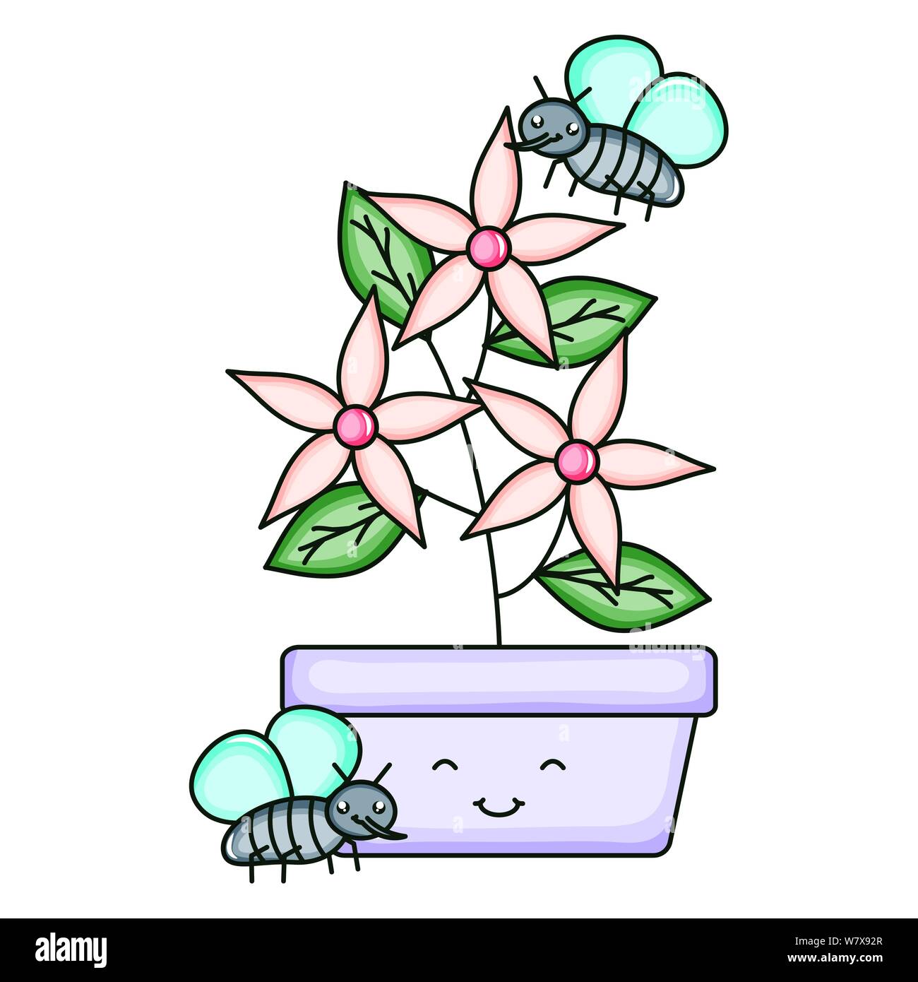 garden flowers plant in pot with insects flying kawaii style vector ...