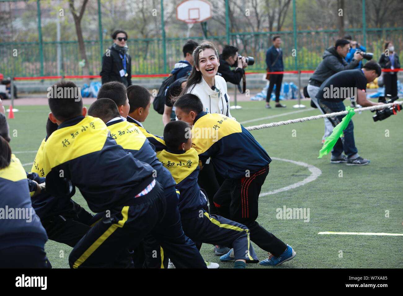 Hong Kong model and actress Angelababy takes part in a filming session ...