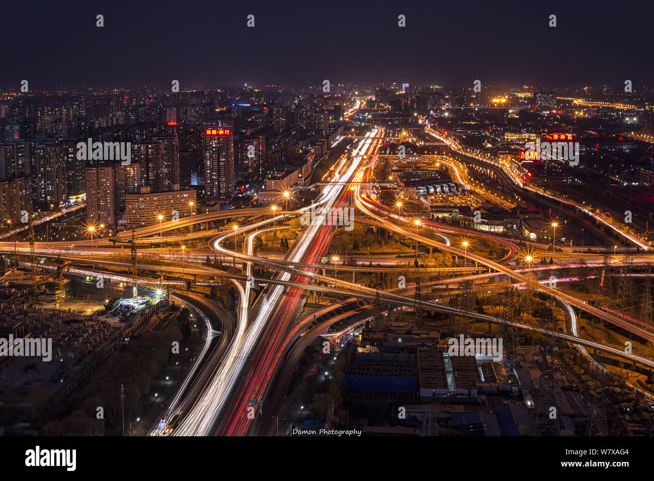 Night view of the crossings of elevated highways in Beijing, China, 13 ...