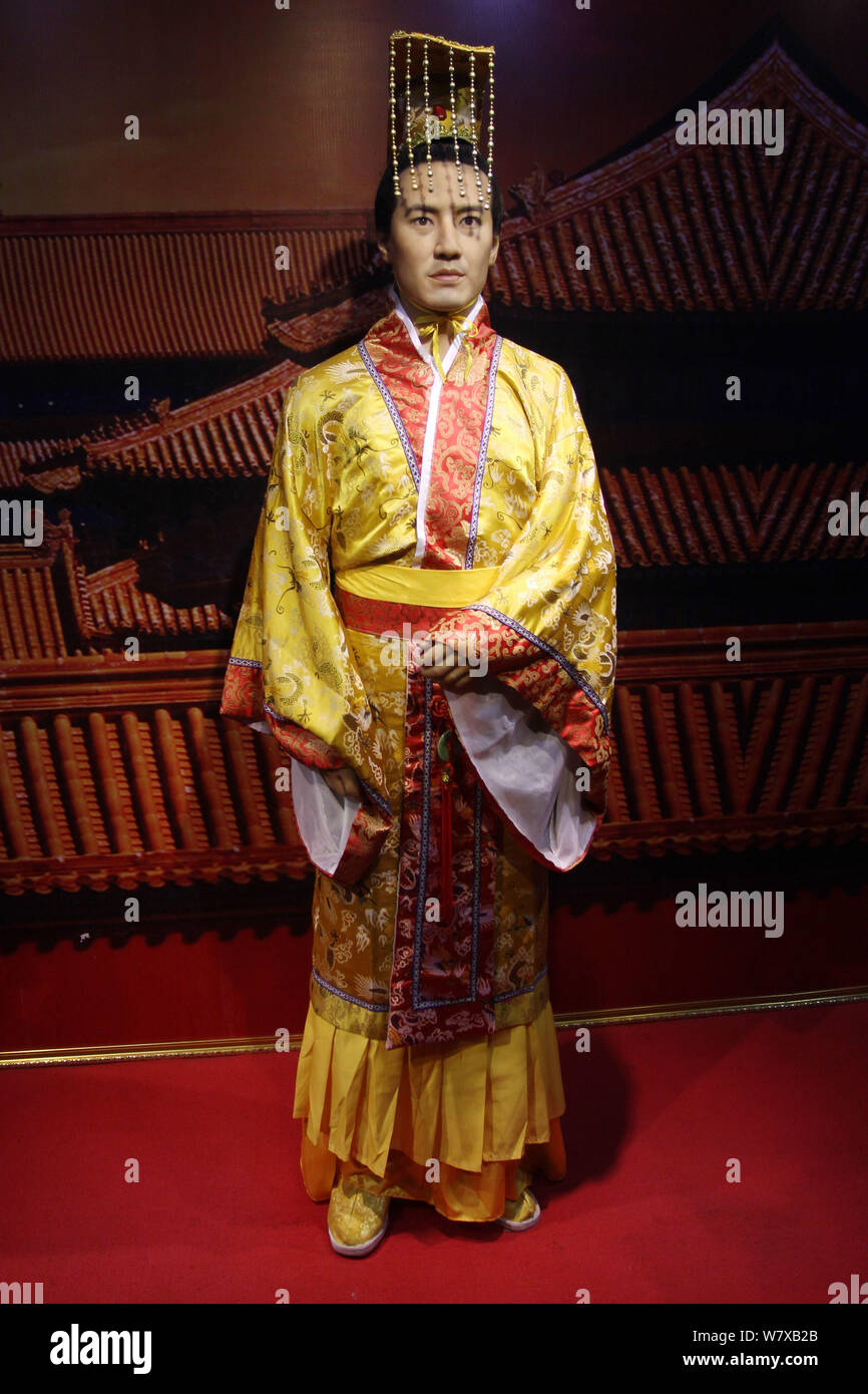 A shoddy wax sculpture of Ying Zheng, known as Emperor Qin or Qin Shi ...