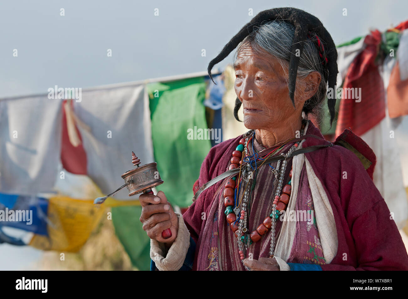 Old lady in traditional Mompa tribe dress (typical head dress made from ...