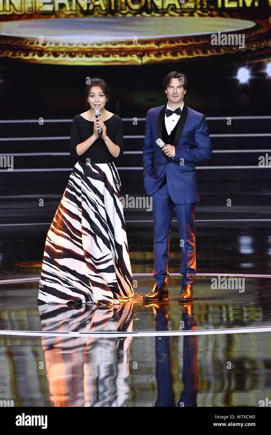 Chinese actress Jiang Shan, left, and American actor Ian Somerhalder ...