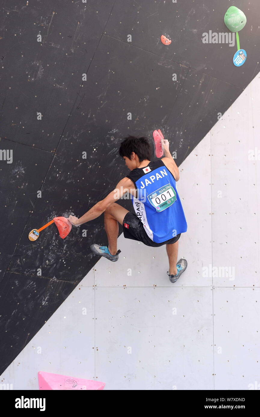 Tomoa Narasaki of Japan competes in the IFSC Climbing Worldcup 2017 in ...