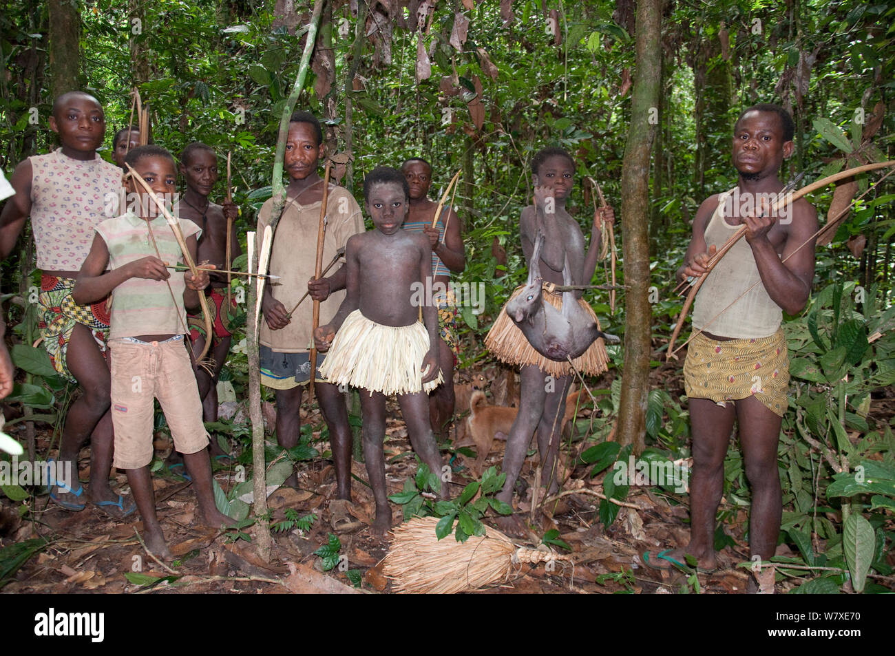 Mbuti pygmy initiation hunt, with two boys in traditional blue body ...