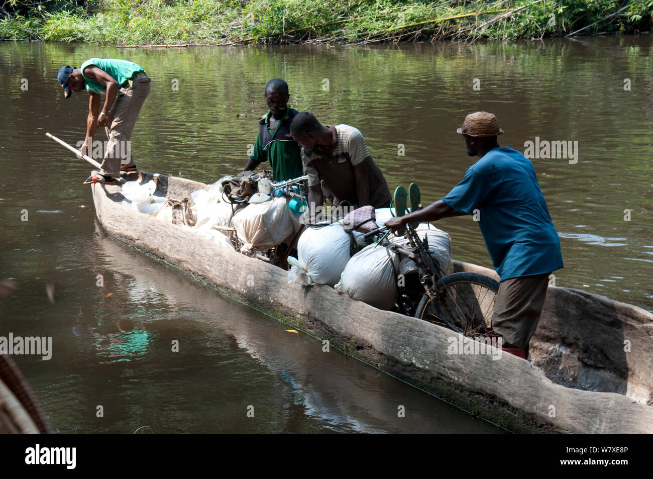 Porters transporting goods on bicycles loaded into canoe for transport ...