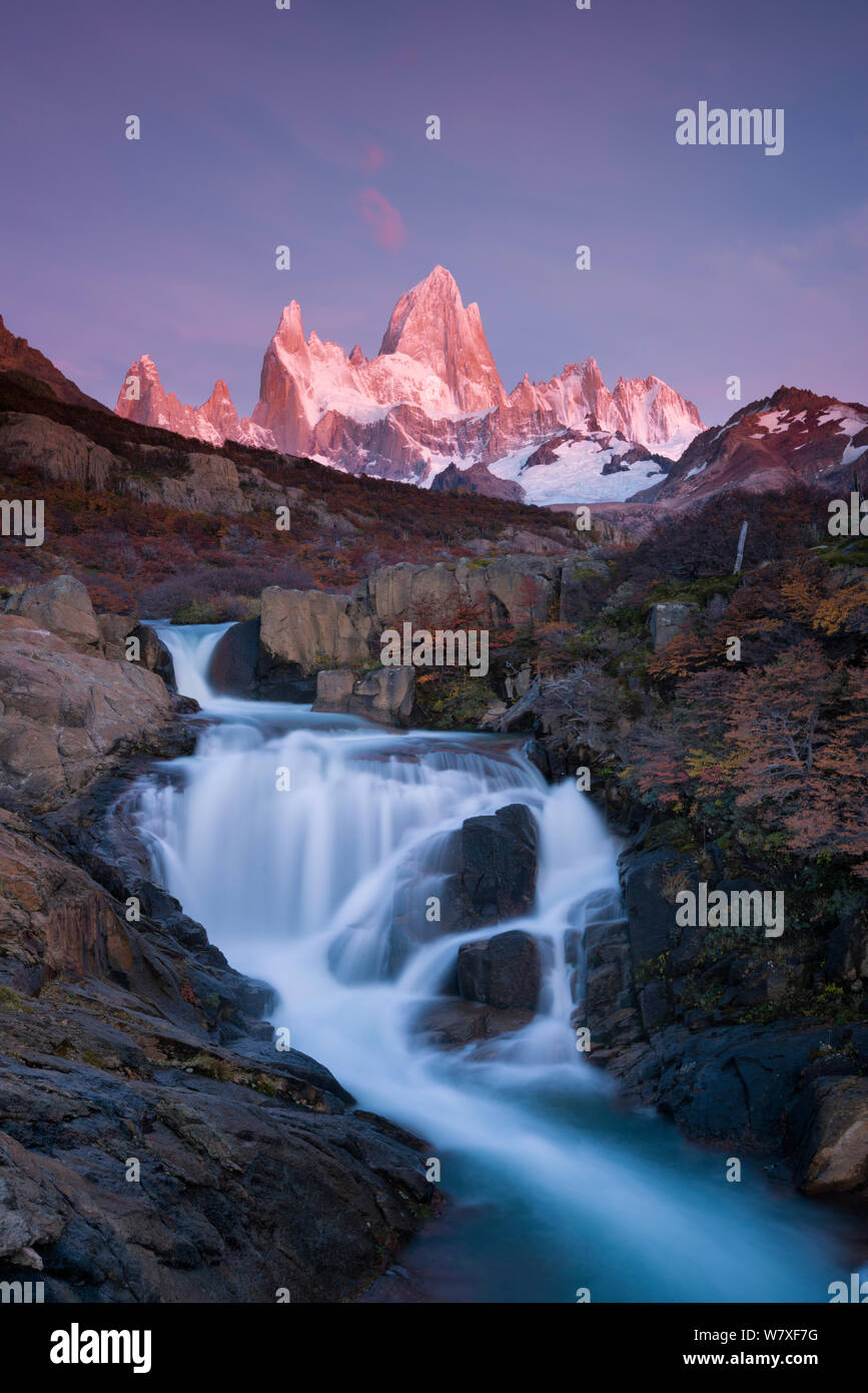Waterfall below mount Fitz Roy at sunrise. El Chalten, Patagonia ...